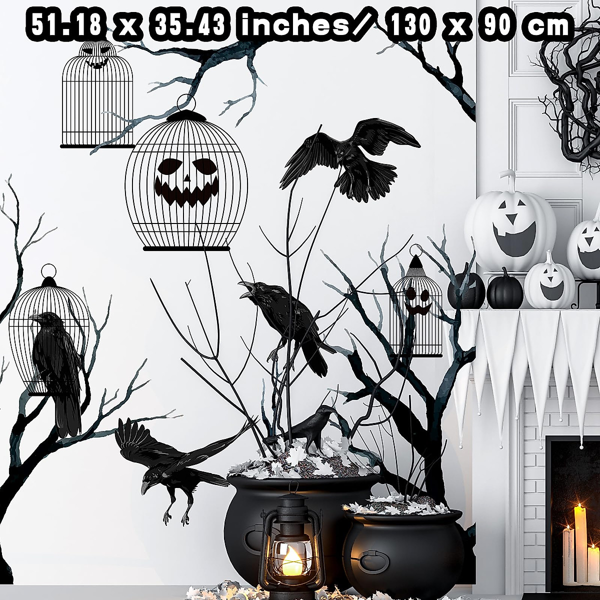 Seajan 4 Sheets Halloween Wall Decals Halloween Black Wall Stickers Black Tree Crow Cage Wall Decals Large Halloween Wall Decals Halloween Home Decor DIY Art for Wall Window Door (Birdcage, Crow)