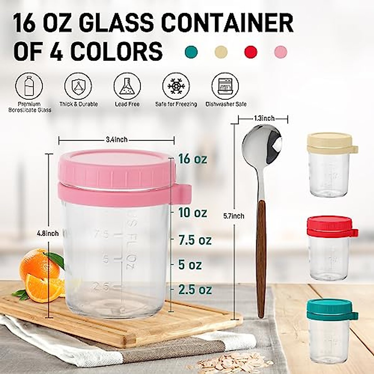 Dyserbuy 4 Pack Overnight Oats Containers with Lids and Spoons, 16 oz Glass Mason Jars for Overnight Oats, Airtight Jars with Measurement Marks for Milk, Cereal On The Go Container