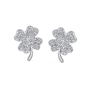 Luck of the Irish Shamrock Lucky Charm Cubic Zirconia Pave CZ Four Leaf Clover Stud Earrings For Women .925 Sterling Silver