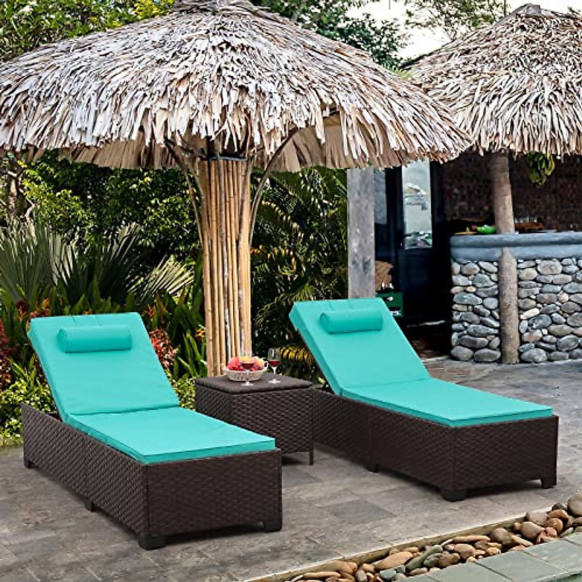 Valita Outdoor PE Wicker Chaise Lounge Set Patio Rattan Adjustable Reclining Lounge Chairs with Cushions and Matching Storage Table, Turquoise