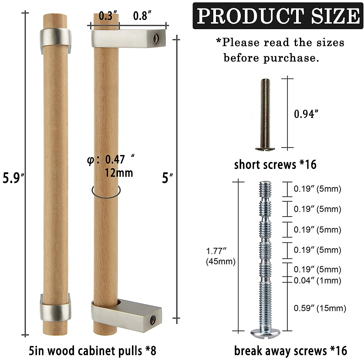 foxwake Wood and Silver Cabinet Handles 5inch Hole to Hole, 8Pack Modern Metal Drawer Pulls Mid Century Kitchen Cabinet Hardware, Center to Center Dresser Hardware Pulls and Knob