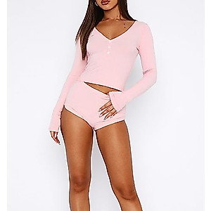 NUFIWI Women Knitted 2 Piece Outfits Pajamas Long Sleeve Slim Fit Shirt Top High Waist Shorts Y2k Lounge Sleepwear Set(B Pink 12,Small)