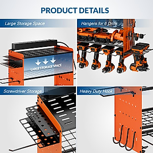 Sttoraboks Modular Power Tool Organizer with Charging Station, Wall Mount Garage Shelf Rack with Hooks for 6 Drills, 4-Layer Shelf, Heavy Duty Tool Battry Holder Built in 8 Outlet Power Strip, Orange