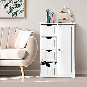 Bonnlo Small Bathroom Floor Cabinet Kitchen Storage Organizer Free Standing Bathroom Towel Cabinet Wooden Linen Entryway Storage Unit with 4 Drawers and 1 Cupboard Home Decor Furniture (White)
