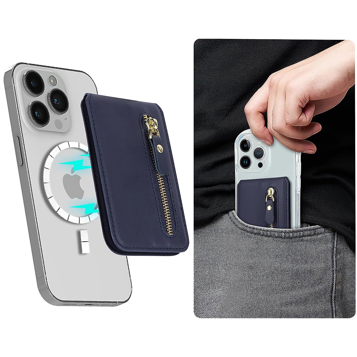 Cavor Compatible with Magsafe Wallet,Wallet with Adjustable Stand,Magnetic Wallet for iPhone 16 Pro Max/14 Pro/15/14 Plus/13/12,Magsafe Card Holder,Magsafe Phone Wallet,Zipper Pocket-Blue