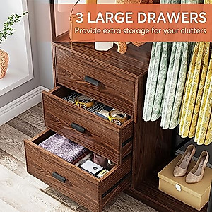 Tribesigns Freestanding Clothes Rack with 3 Drawers, Industrial Garment Rack Wardrobe Closet with Hanging Rod, Heavy Duty Wood Closet Organizer for Bedroom