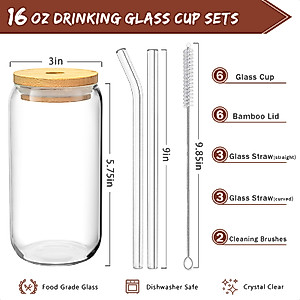 6 Pcs Drinking Glasses with Bamboo Lids and Glass Straw - 16 Oz Can Shaped Glass Cups Beer Glasses Ice Coffee Glasses Cute Tumbler Cup Great for Soda Boba Tea Cocktail Include 2 Cleaning Brushes