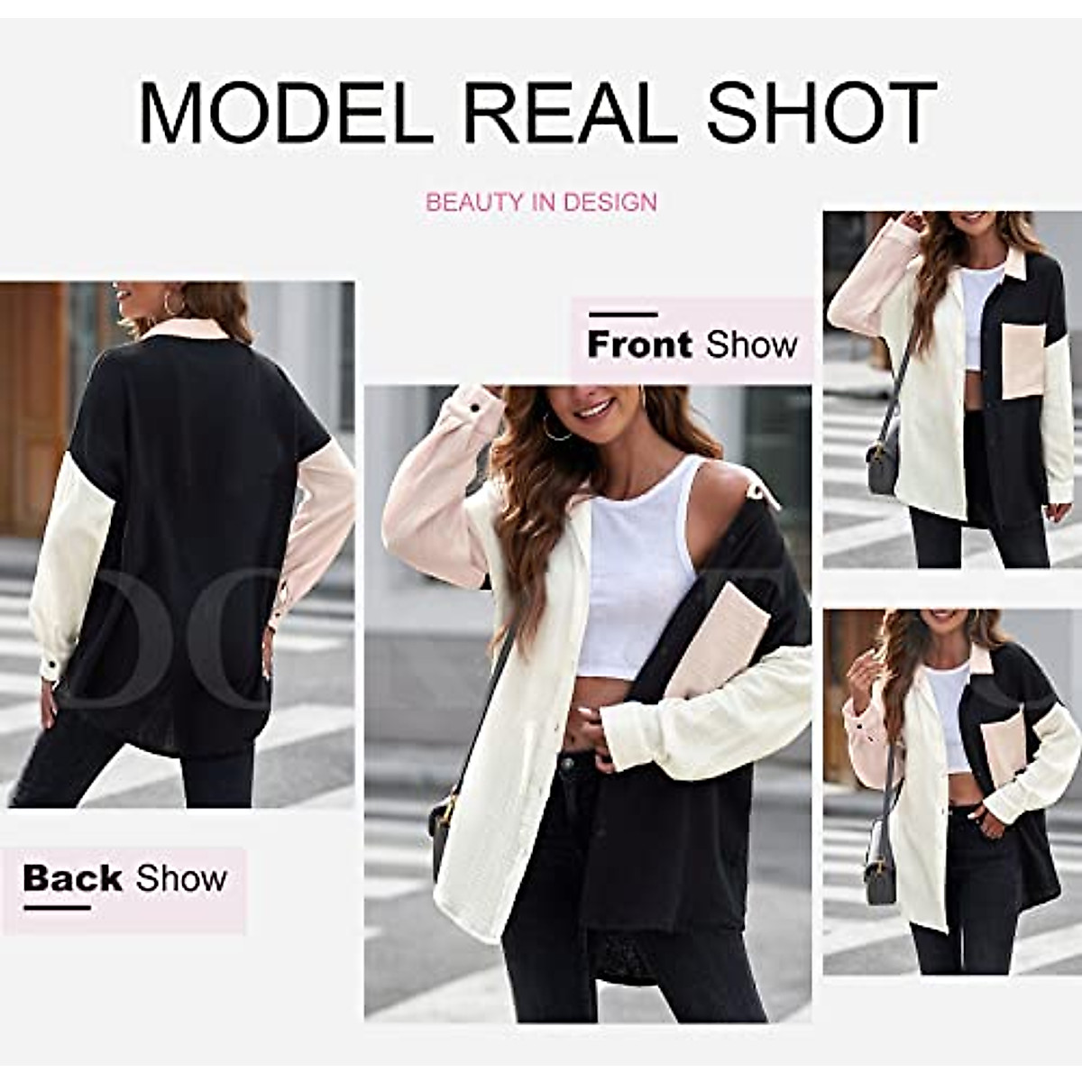 Dokotoo Women's Comfy Color Block Button-Up Shirt, Roll-Up Long Sleeve, Soft Oversized Boyfriend Top, Beach Cover, Black XL