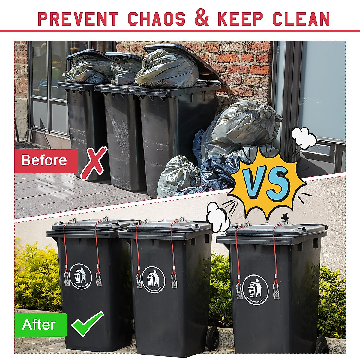 Anglecai Trash Can Lock 4 Pack, Garbage Can Lock for Animals Stop from Rummaging Heavy Duty Trash Can Lid Lock Universal Metal Lid Lock for Outdoor Garbage Cans with Nylon Coated Wire Rope