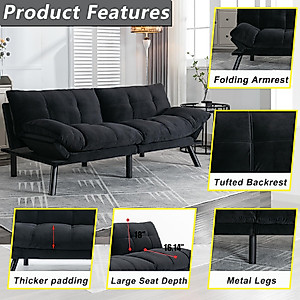 71" Velvet Futon Couch Bed with Mattress Included,Convertible Folding Sleeper Sofa Bed with Adjustable Backrests,Modern Loveseat Sleeper for Living Room Bedroom Small Space Home Office (Black-1)