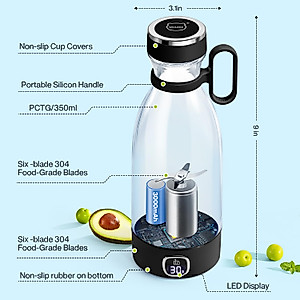 Portable Blender, MIAOKE 6 Blades Juicer Cup for Juice Shakes and Smoothies 350ml Mini Blender with Led Display Usb Rechargeable,3000Mah Rechargeable Battery, for Home Sports Outdoors Travel-Black