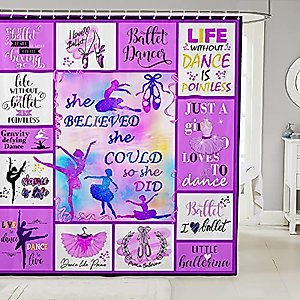 Girls Ballet Shower Curtain, Kids Ballet Dancer Bath Curtain Tie Dye Dancing Ballerina Bathroom Shower Curtains, Patchwork Plaid Dreamy Girly Cloth Fabric Bathroom Decor Set With Hooks, 72" W X 78" L