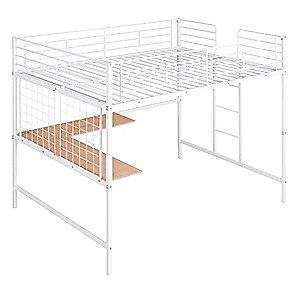 Goohome Full Size Metal Loft Bed with L-Shaped Desk and Metal Grid,Metal Loft Bed Frame with Ladder and Full Length Guardrail, Side Stairs, Space-Saving, Noise Free, No Box Spring Neede for Teen Adult