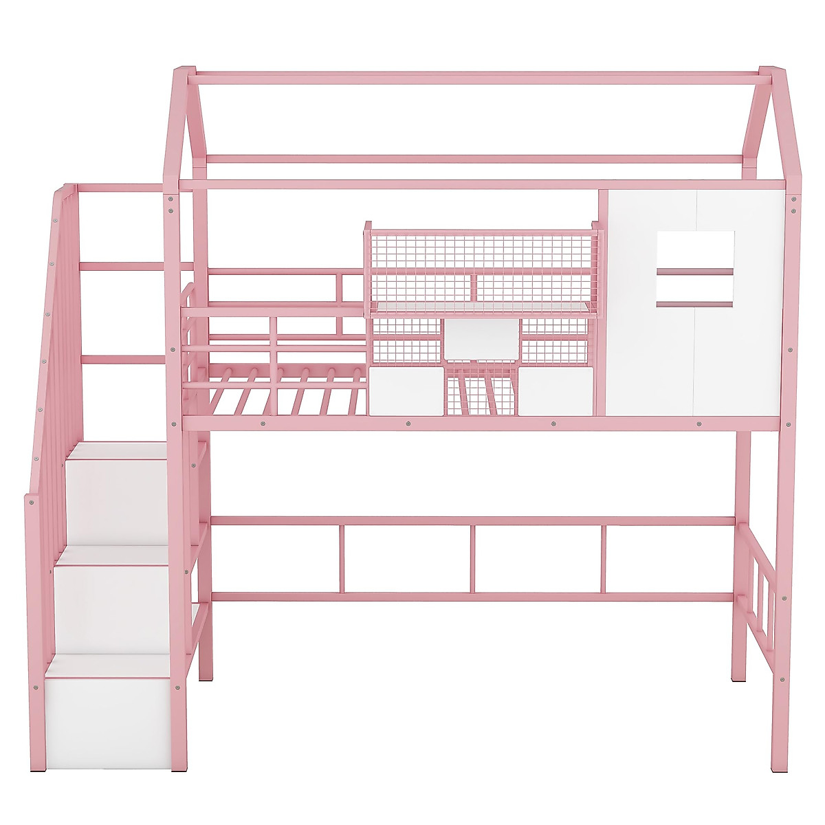 Unique Metal Twin Size House Loft Bed with Roof,Storage Stairs and a Storage Box,for Kids Girls Boys Teens Adults Bedroom Use (Pink@Stairs, Twin)