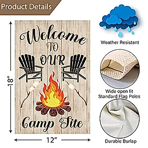 Louise Maelys Spring Summer Camper Camping Garden Flag for Campsite Vertical 12x18 Double Sided, Welcome to Our Camp Site Small Camping Flags Outdoor Fire Pit Camper Camping Campsite Decoration (ONLY FLAG)