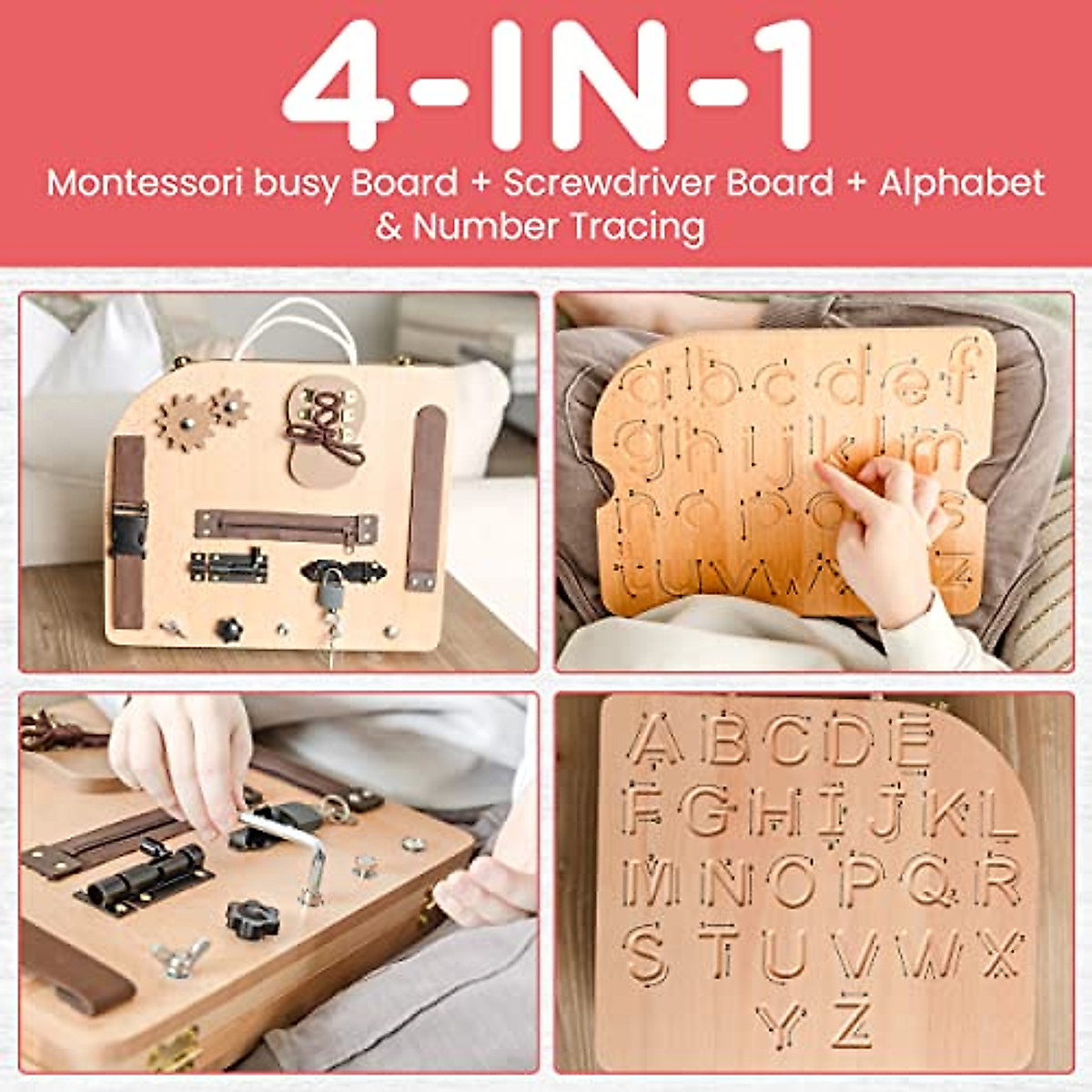 Montessori Busy Board Toys for 3+ Years Old 4 in 1 Learning Toy for 4 Years Old Toddler Montessori Toys Age 3-4 Boys Girls Tracing Screwdriver Board Set Sensory Board Toddler Montessori Toys Age