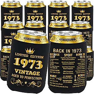 BackURyear 50th Birthday Decorations for Women men, 50 Years Old Birthday Decor, Fifty Birthday Party Supplies, 50th Birthday Party Beverage Can Cooler Sleeves, Black & Gold (12 Pcs)