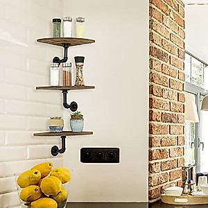 MyGift Wall Mounted Floating Corner Shelves, Rustic Burnt Solid Wood Rounded Corner Shelf with Black Metal Pipe Mounting Brackets, Set of 3