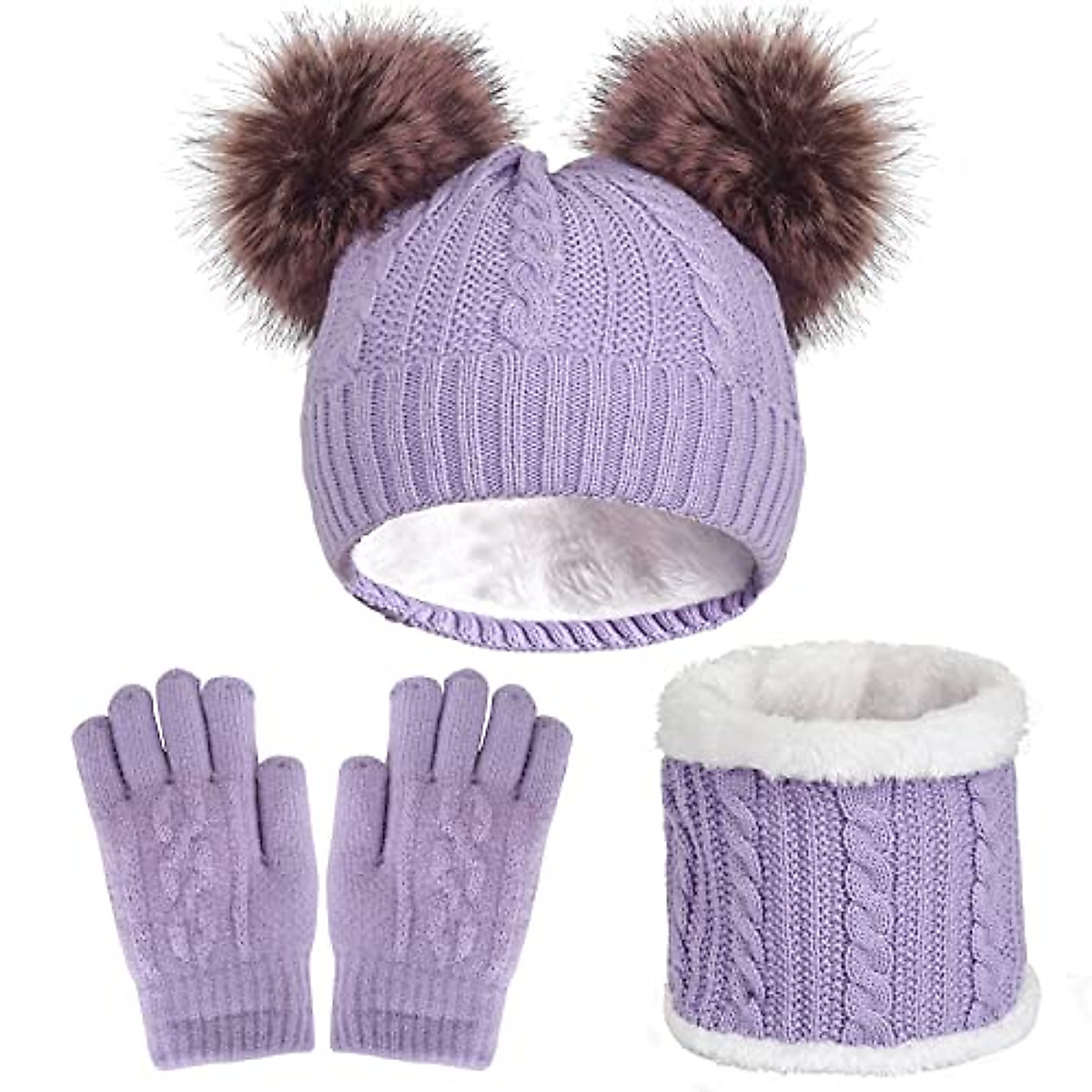 Kids Winter Hat Gloves Scarf Set Knit Beanie for Girls Boys Neck Warmer Thick Fleece Lining Thermal with Cute Pom Pom Purple Warm Cap for 6-10 Years Old Toddler, Gift for Children