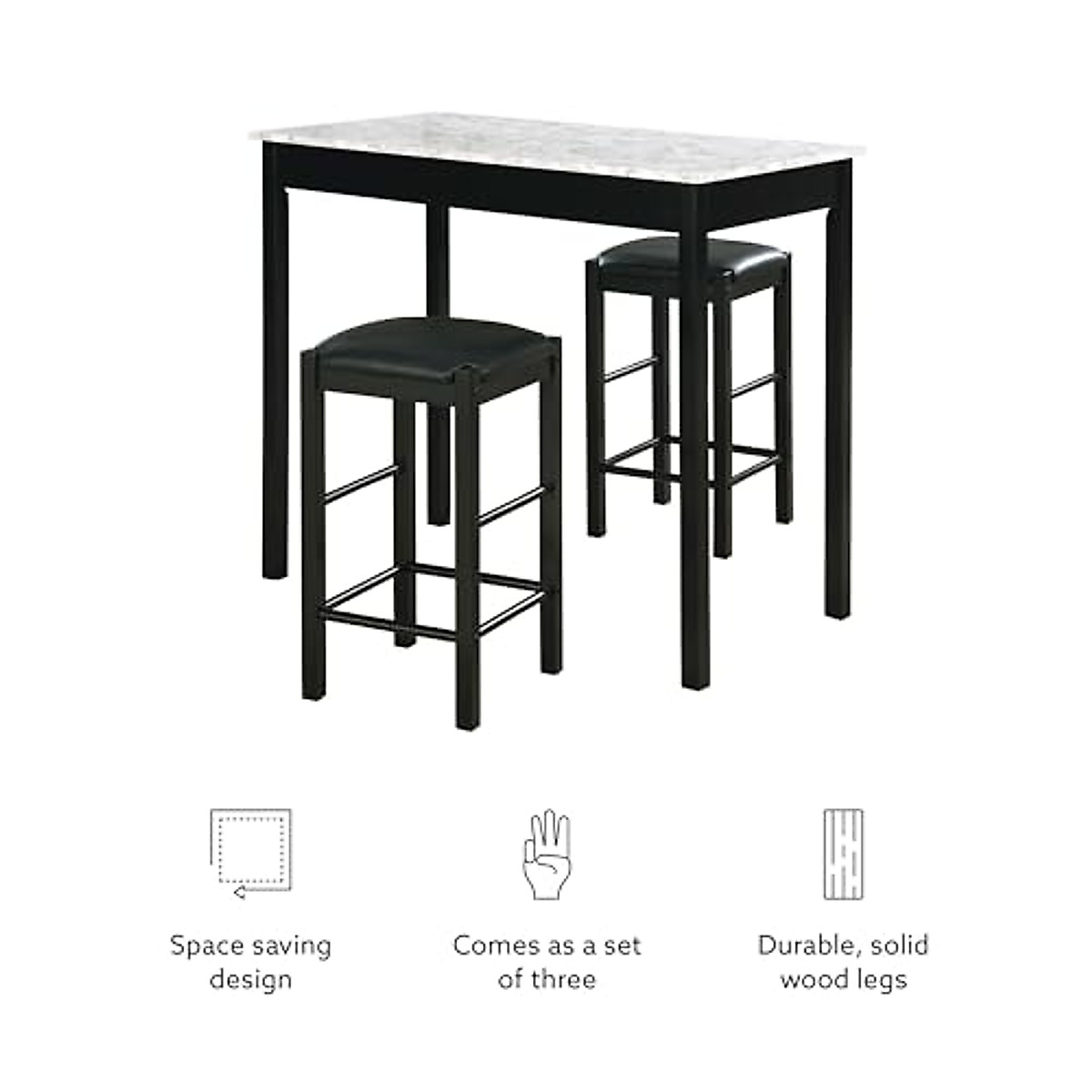 Space Saving Design, Black Finish, Faux Leather Seats, 36 Inch Counter Height Table
