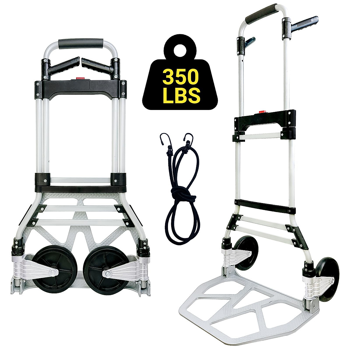 FUVLFAL 350LBS Folding Hand Truck Dolly Cart, Aluminum Portable Cart Heavy Duty Utility Dolly Trolley with Swivel Handle, Telescoping Handle, Elastic Cord, 7-inch Big Wheels for Home, Shopping, Office