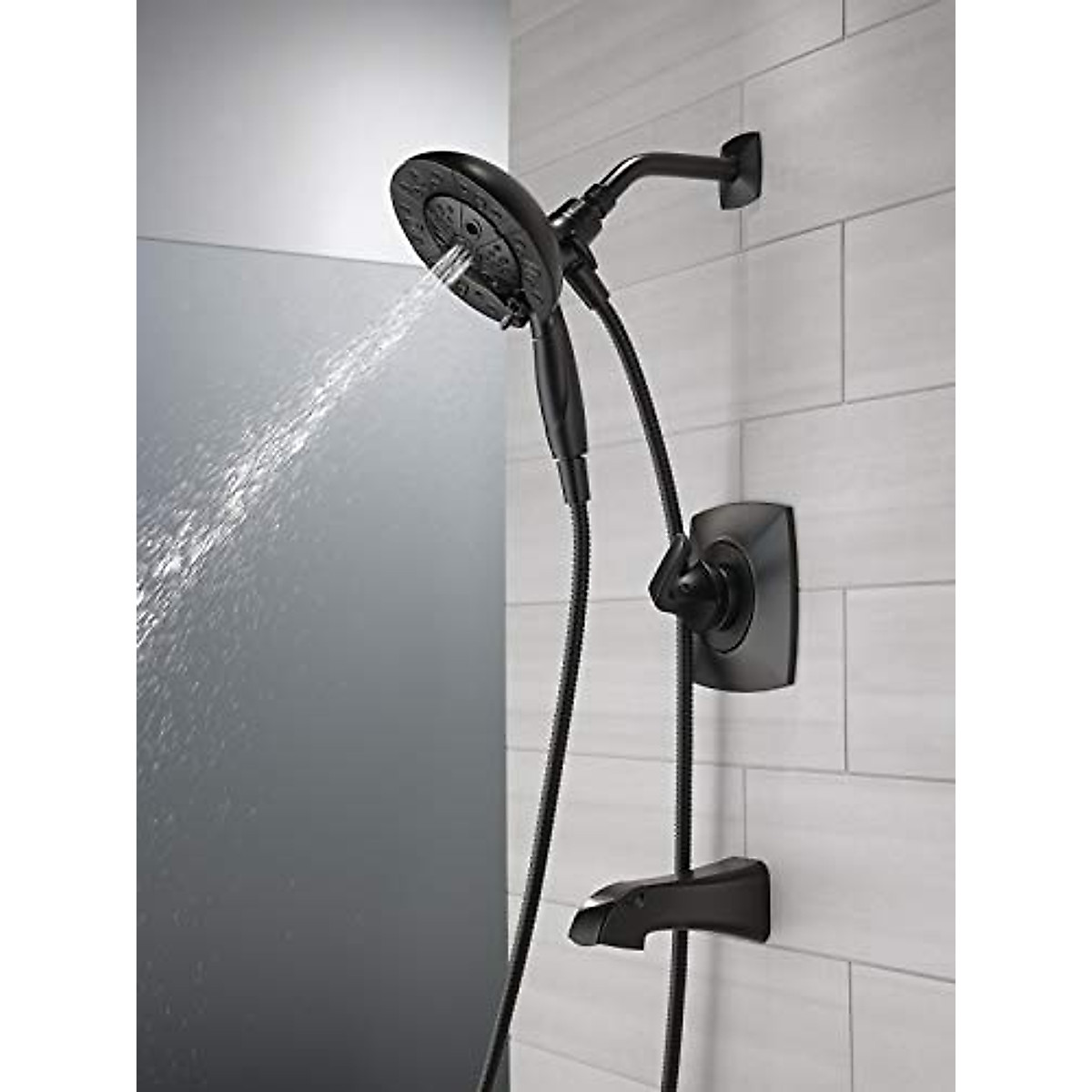 Delta Faucet Vesna 14 Series Single-Handle Shower Trim Kit with 5-Spray H2Okinetic In2ition Dual Hand Held Shower Head with Hose, Matte Black 144789-BL-I (Valve Included)