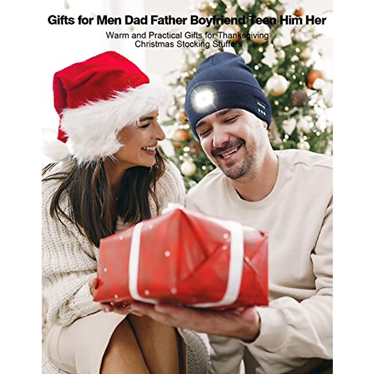 Unisex Bluetooth Beanie Hat with Light, Upgraded Musical Knitted Cap with Headphone and Built-in Stereo Speakers & Mic, LED Hat for Running Hiking, for Men Women Dad (Black)