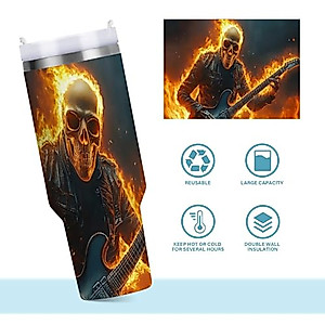 Jihqo Fire Skull Playing Guitar 40 oz Stainless Steel Vacuum Insulated Tumbler with Handle and Straw Lid, Leakproof Water Bottle Double Wall Travel Mug Coffee Cup, Cupholder Friendly