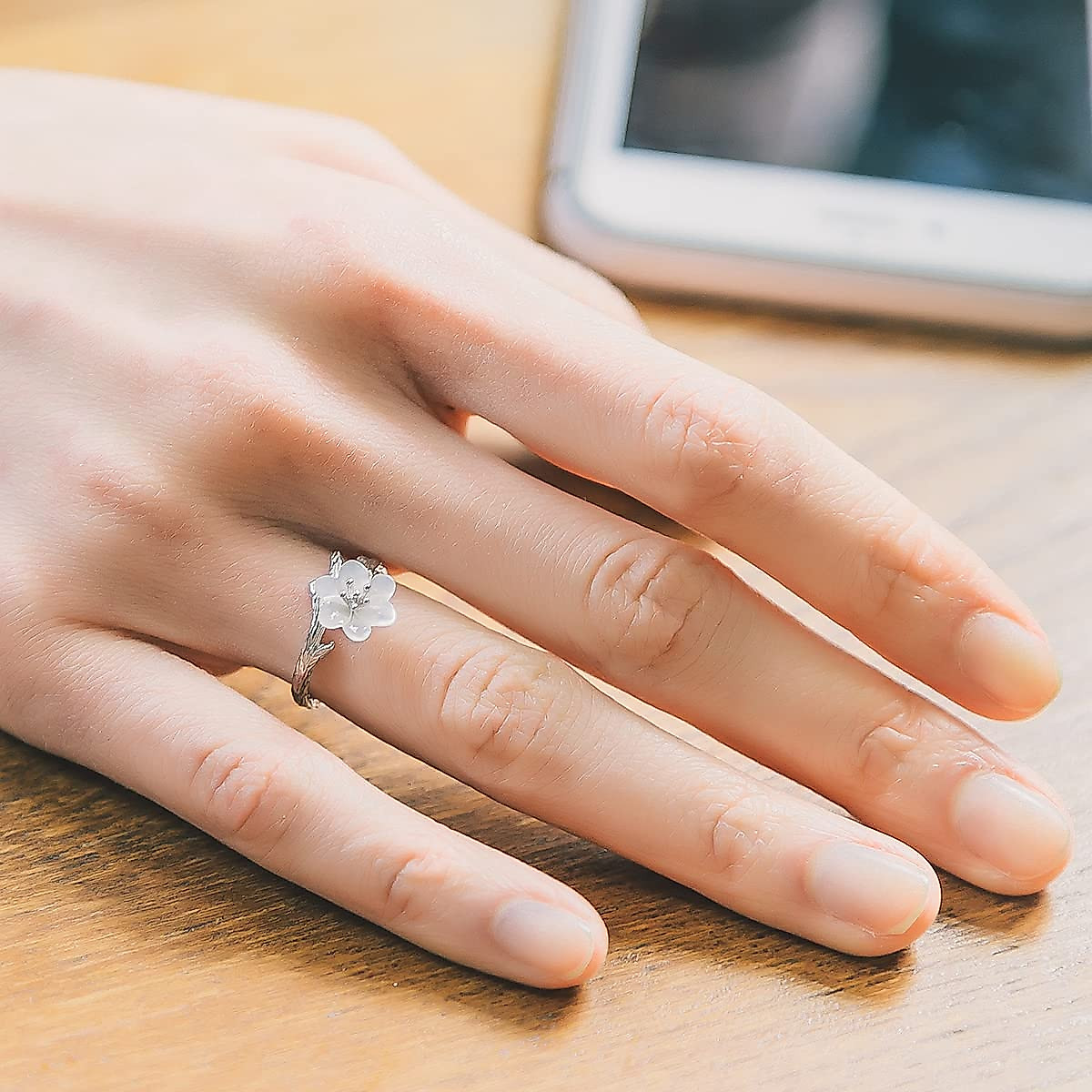 Jewever 925 Sterling Silver Original Sakura Open Tail Ring Adjustable White Shell Carving Flower For Women Jewelry Gift