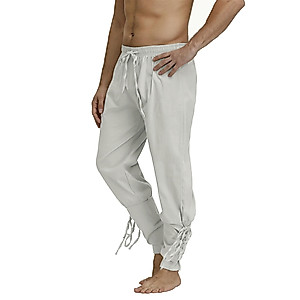 Men's Ankle Banded Cuff Renaissance Pants Medieval Viking Navigator Trousers Pirate Cosplay Costume with Drawstrings White-2XL