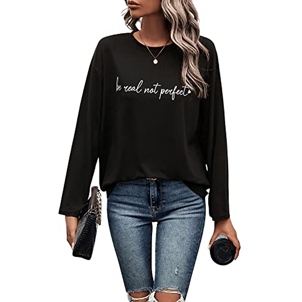 SweatyRocks Women's Crewneck Letter Graphic Loose Long Sleeve T-Shirts Spring Simple Casual Comfy Tee Tops Shirts Black XL