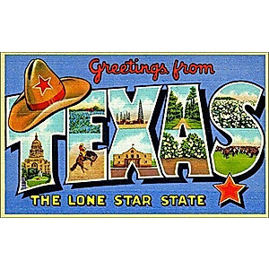 Magnet 3x5 inch Greetings from Texas Sticker (Vintage Post Card Design) Magnetic Magnet Vinyl Sticker