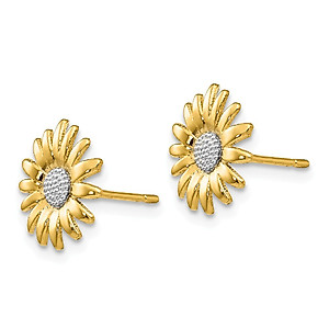 Solid 14k Yellow & White Two Tone Gold Mini Daisy Post Earrings (10mm x 10mm)