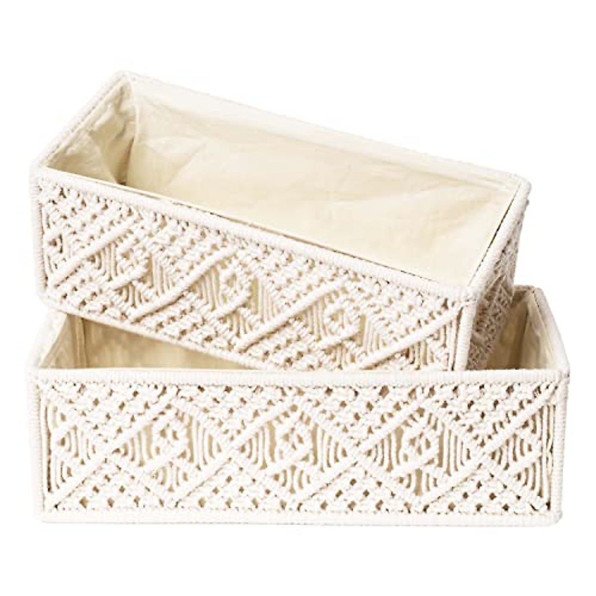 Livalaya Macrame Storage Baskets and Decorative Bins with Lining, Woven Boho Basket Box Organizers for Bathroom Countertop and Toilet Paper Holder, Bedroom, Baby Nursery and Home Organization Set of 2, US Brand
