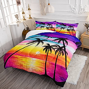 Tropical Sunset Palm Tree Comforter Set for Kids and Adults, Queen Size Sea Ocean Sunset Quilt Bedspreads with 2 Silhouette Sunset Pillowcases - 90" x 90" (Queen, Yellow)
