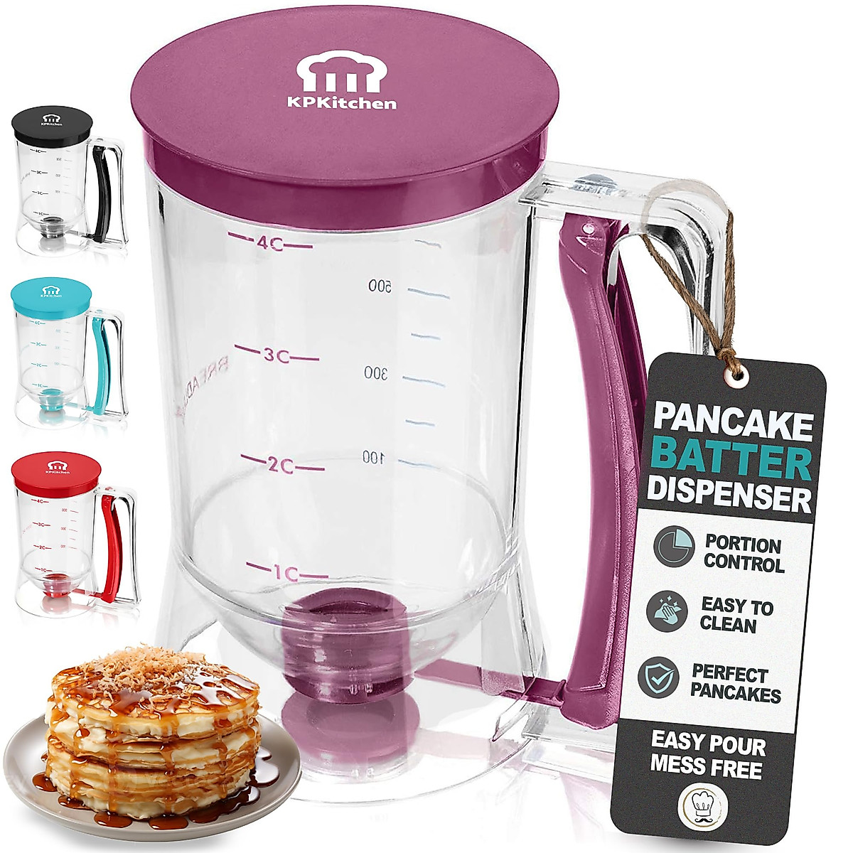 KPKitchen Pancake Batter Dispenser - Kitchen Must Have Tool for Perfect Pancakes, Cupcake, Waffle, Muffin Mix, Crepe & Cake - Easy Pour Baking Supplies for Griddle - Pancake Maker with Measuring Label