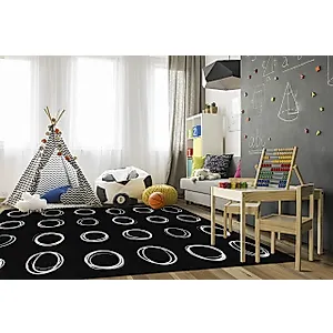 Flagship Carpets Circle Sampler Abstract Educational Area Rug, 7'6" x 12', Black & X-ACTO Pencil Sharpener, School Pro Electric Pencil Sharpener, with Six Size Dial, XL Shavings Bin, Black, 1 Count