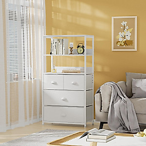 Furnulem White Dresser with 4 Fabric Bins, Tall Storage Tower with 3-Tier Shelf Vertical Standing Chest Organizer for Closet,Laundry,Bedroom,Living Room,Entryway (White)