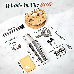 Elite Mixology Bartender Kit Cocktail Shaker Set by Barillio: Drink Mixer Set with Bar Tools, Bamboo Stand Boston Shaker Mojito Muddler Mixing Spoon Jigger Recipes Booklet