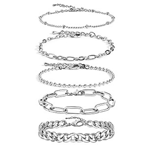 Elegance 11 designs Silver Link Bracelet for Women Silver Plated Dainty Link Beads Bracelets Adjustable Layered Metal Link Bracelet Set Handmade Fashion Jewelry