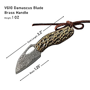 Cool Hand 2'' EDC Flip Joint Folding Knife, Small Pocket Knives w/ 1.25'' VG10 Damascus Steel Blade, Brass Handle w/Leather Lanyard，Tin Box Packaging