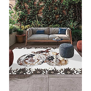 Thanksgiving Fall Outdoor Rug for Patio/Deck/Porch, Non-Slip Large Area Rug 6 x 9 Ft, Pumpkin Harvest Gray Floral Botanical Indoor Outdoor Rugs Washable Area Rugs, Reversible Camping Rug Carpet Runner