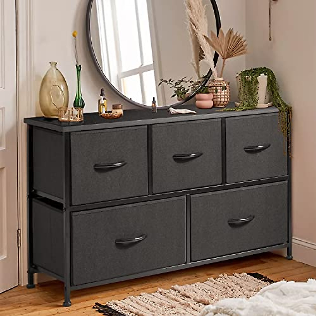 Shahoo Fabric Dresser for Bedroom with 5 Drawers Wide Chest Storage Cloth Organizer, Living Room, Hallway, Nursery, Black