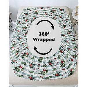 Full Size Fitted Sheet Bed Set Merry Christmas Holly Branch with Berry Deep Pocket Soft Bottom Sheets&Pillowcases for Bedroom Decor White and Blue Stripe,Fits Mattress Up to 16" Deep