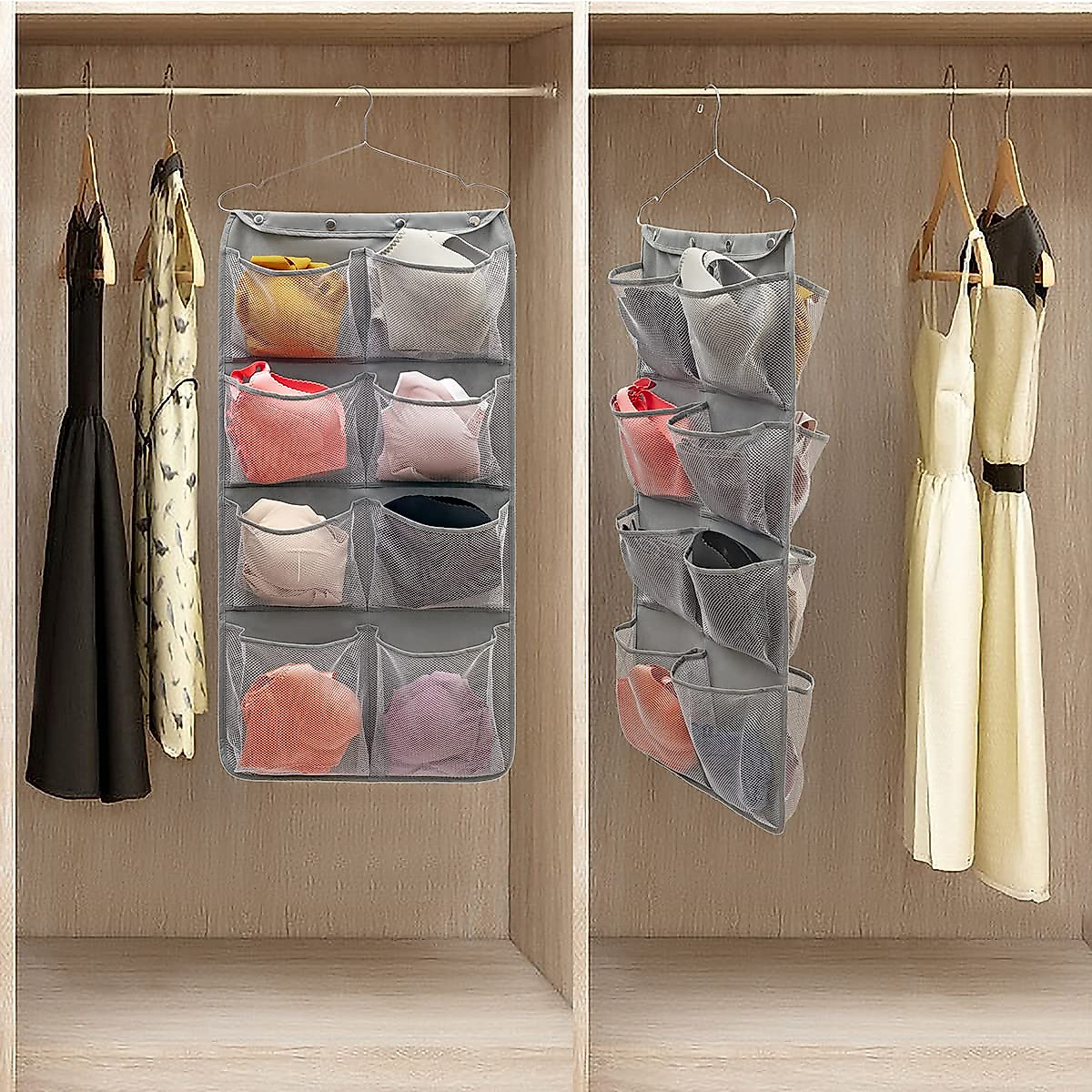 ANZORG Dual-Sided Hanging Closet Organizer Bra Underwear Socks Stocking Clothes Storage Bag with 16 Large Pockets (MESH POCKETS)