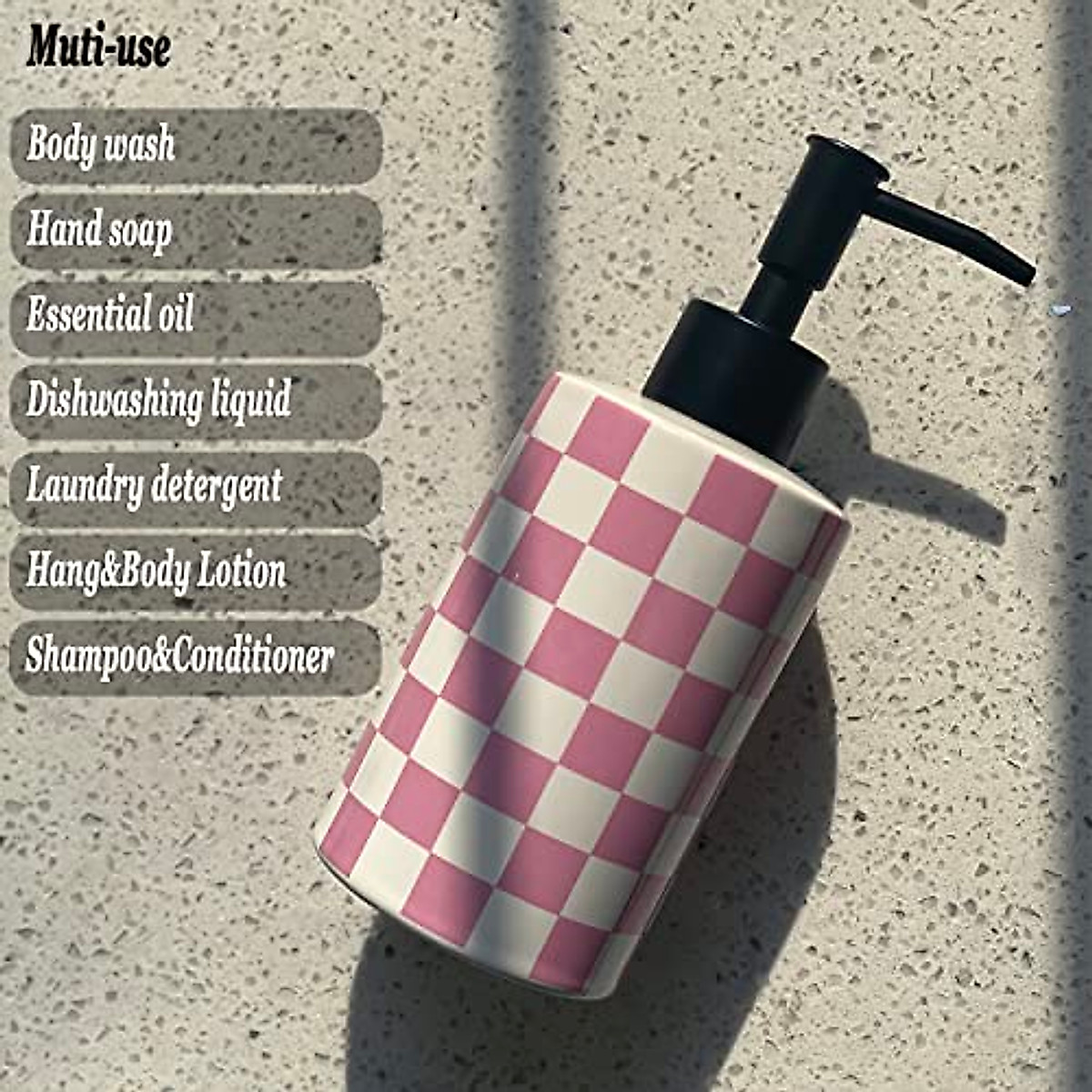 Bathroom Soap Dispenser with Matte Black Pump White Ceramic Soap Dispenser for Kitchen Checkerboard Empty Pump Bottle (Pink)