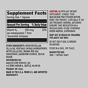 Amazon Elements Vitamin K2 100 mcg, Vegan, 65 Capsules, 2 month supply (Packaging may vary)