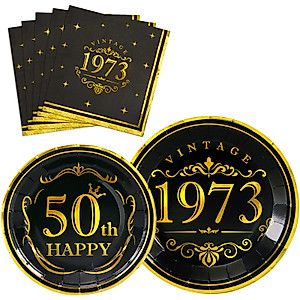 50th Paper Plates and Napkins - Gold Foil Stamp 72PCS Disposable Plates Paper Napkins, Vintage 1973 Retirement Wedding Anniversary Birthday Party Balck Gold Tableware Serves 24 Guest, 9” & 7” Plates