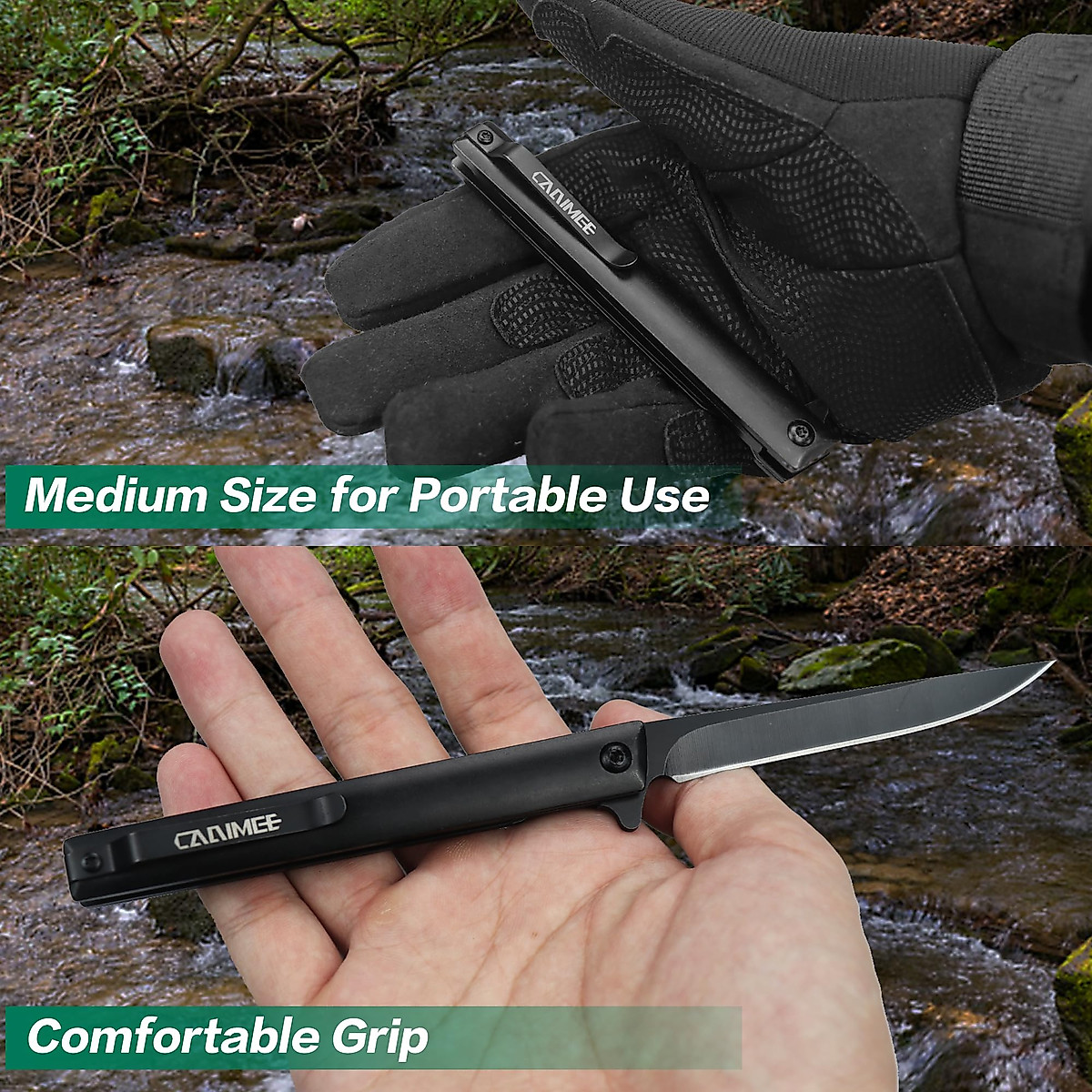 Carimee Slim Pocket Knife 3.5", Gentlemen`s Folding Knife, Fully black Ti-coated D2 steel blade and stainless Steel handle, with Leather Sheath, EDC tool, 2024 Gifts for men women