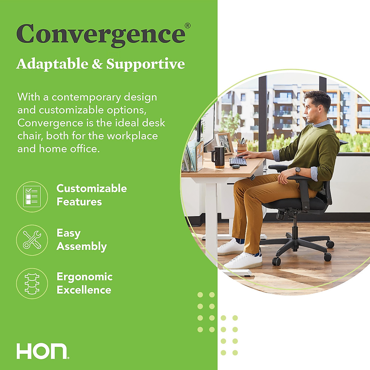 HON Convergence Ergonomic Office Chair Mesh Back Computer Desk Chair with Wheels - Comfortable Home Office Chair, Rolling Swivel, Adjustable Arms, Lumbar Support, Synchro-Tilt Recline